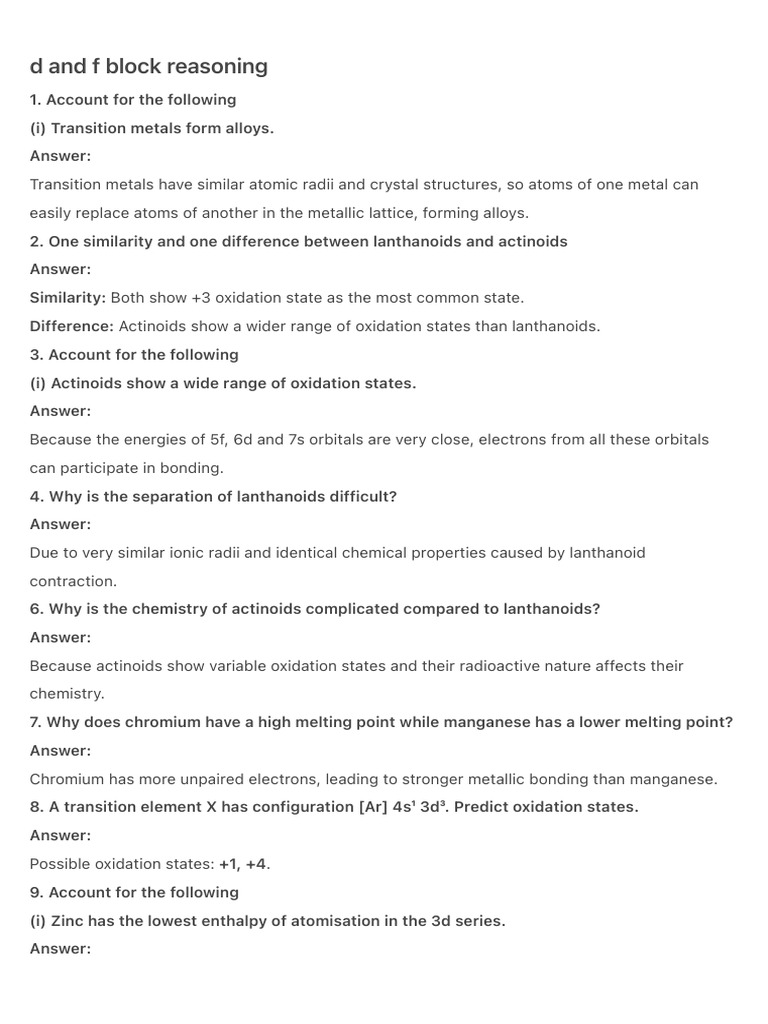 D and F Block Give Reasons Question Answers | PDF | Transition Metals ...