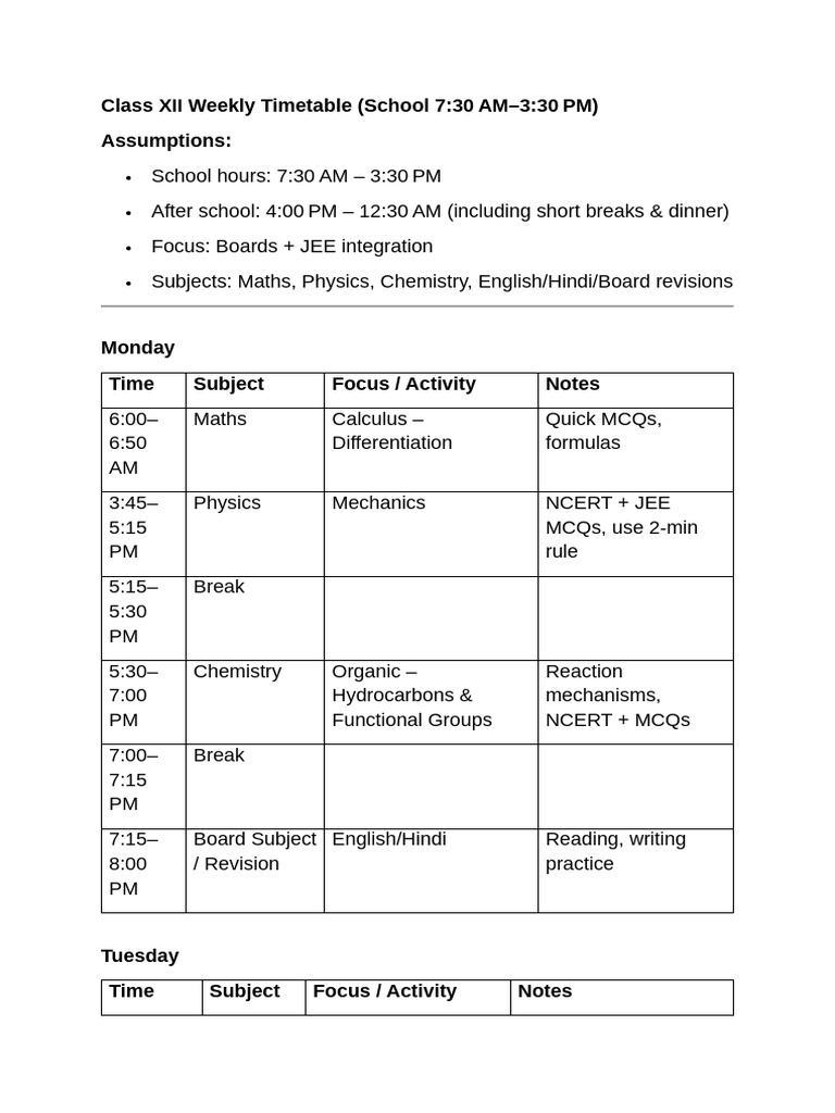 Class XII Weekly Timetable | PDF | Chemistry | Mathematics