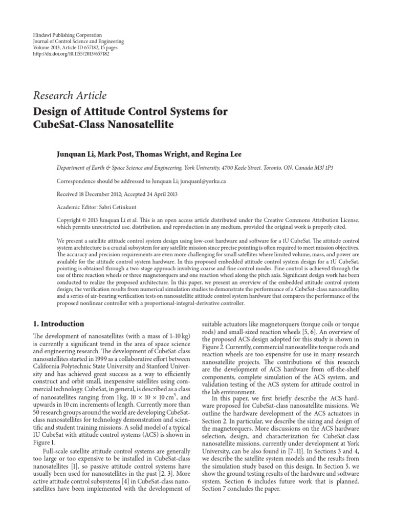 Design of Attitude Control Systems For CubeSat | PDF | Gyroscope ...