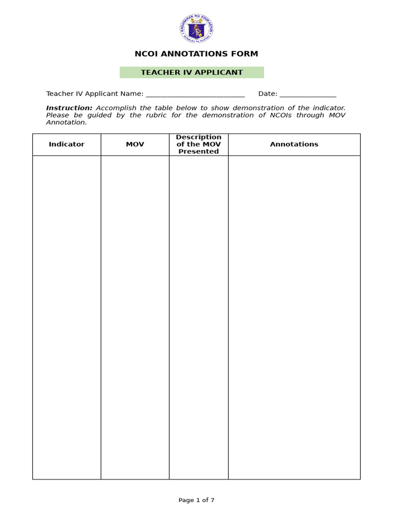 NCOI Annotations Form For Teacher IV Applicant BLANK | PDF