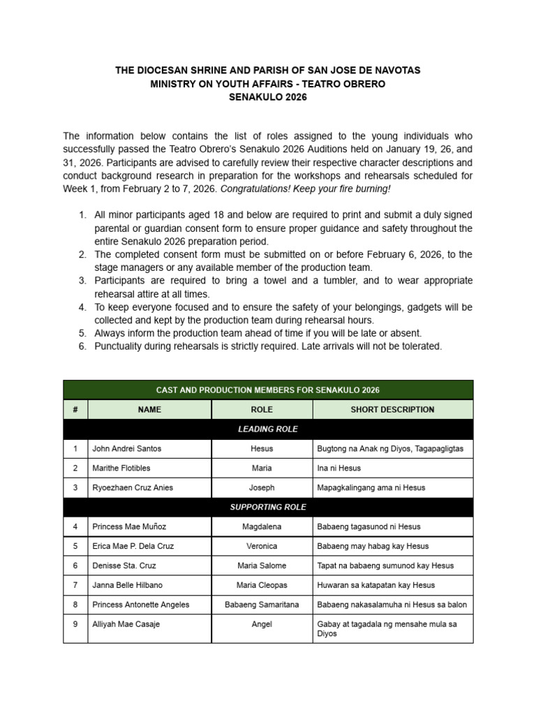 List of Roles For Senakulo 2026 | PDF