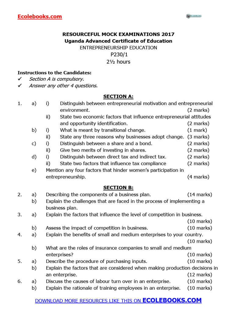 s6 Enterprenuership p1 Revision Past Papers (Ecolebooks.com) | PDF ...