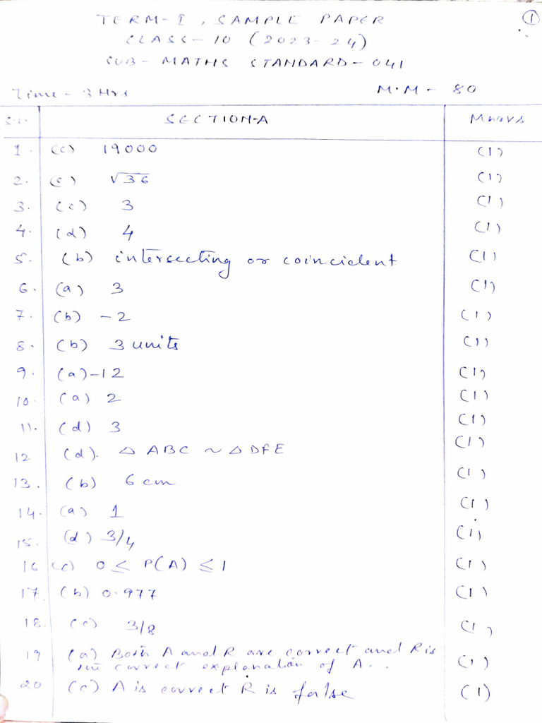 Copy of Answer Key Sample Paper 1 2023-24 | PDF