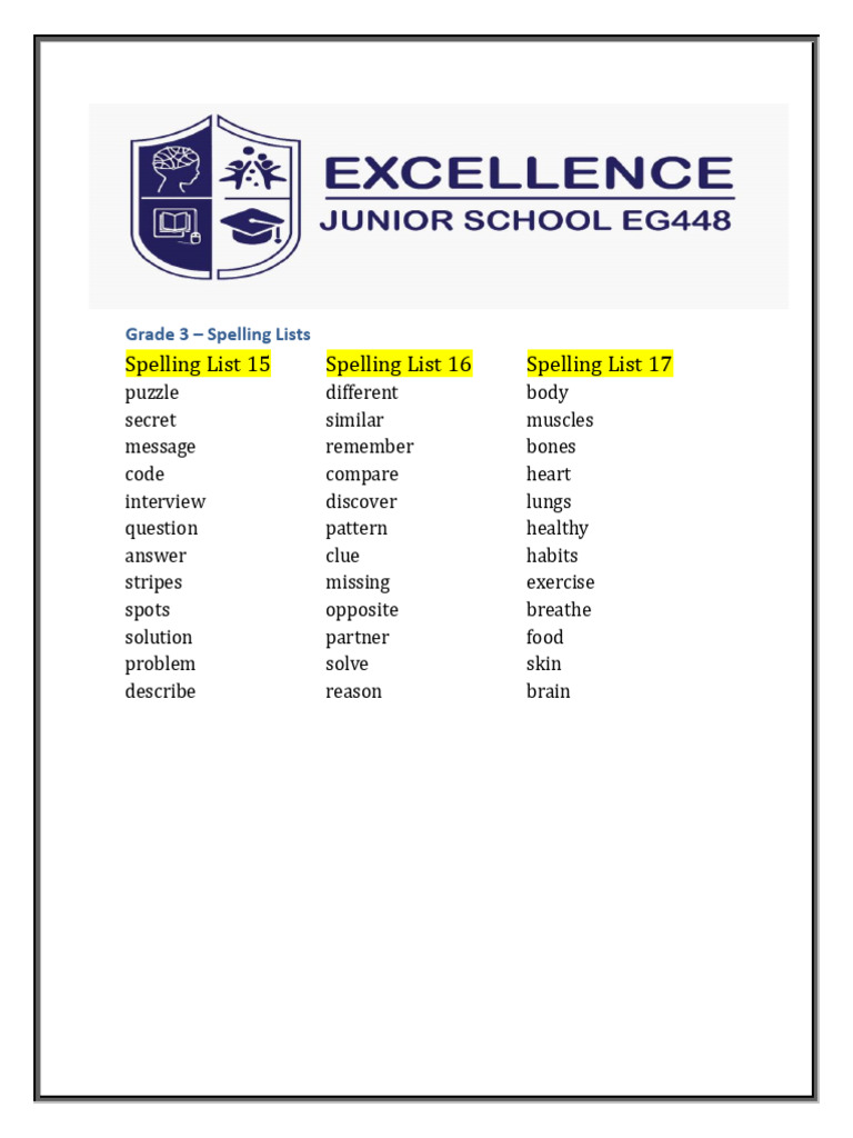 Grade 3 Spelling Lists Term 3 | PDF
