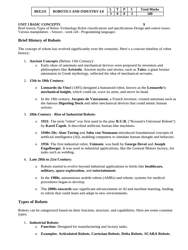2025 BEE231 Robotics Unit1 Notes | PDF | Robot | Robotics