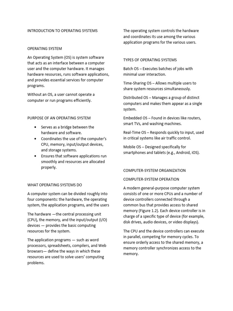 Introduction To Operating Systems | PDF | Operating System | Computer ...
