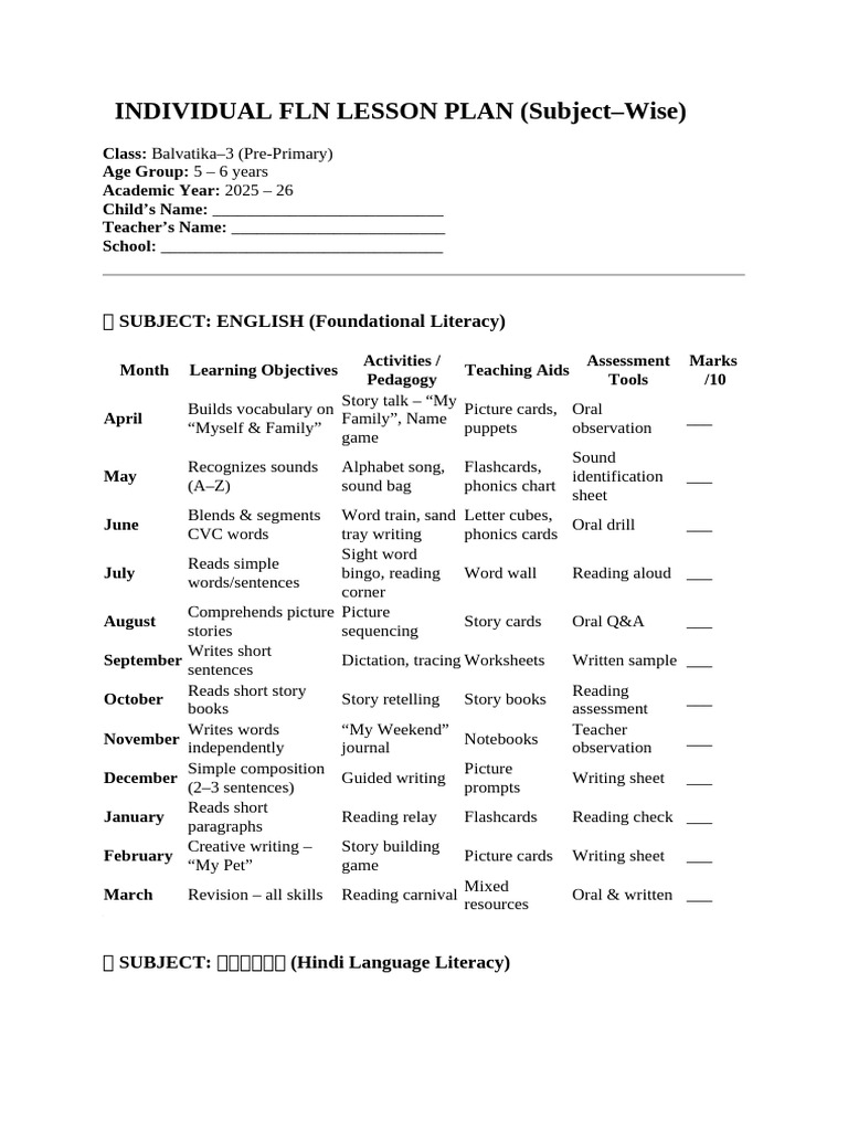 ? INDIVIDUAL FLN LESSON PLAN - bv3 All Subjects | PDF | Phonics | Learning