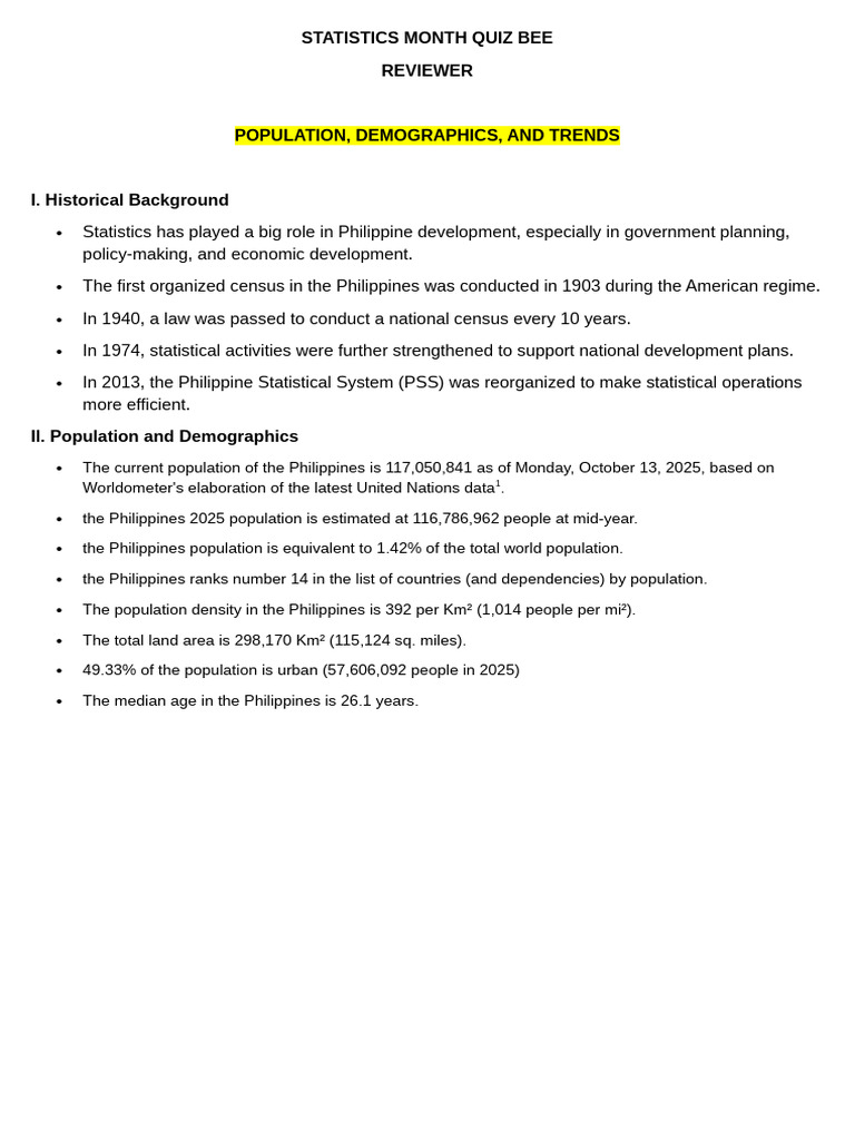 Statistics Month Quiz Bee Reviewer | PDF | Human Migration | Philippines