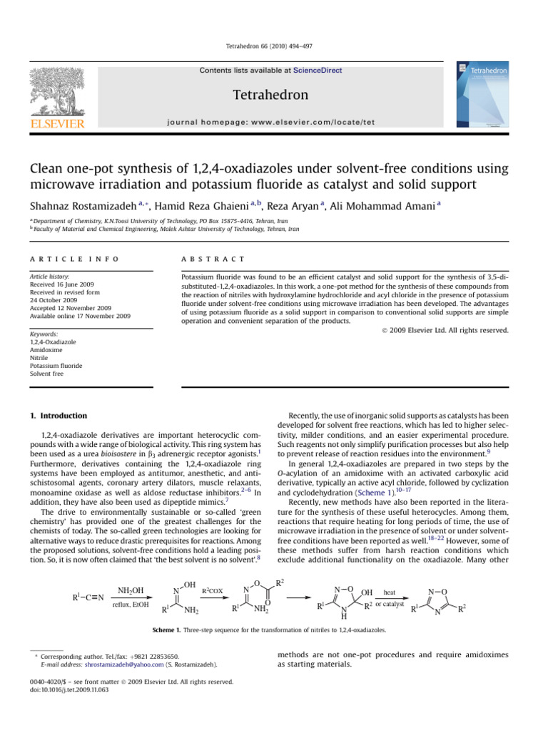 Clean One Pot Synthesis of 1 2 4 Oxadiaz | PDF | Chemical Synthesis ...