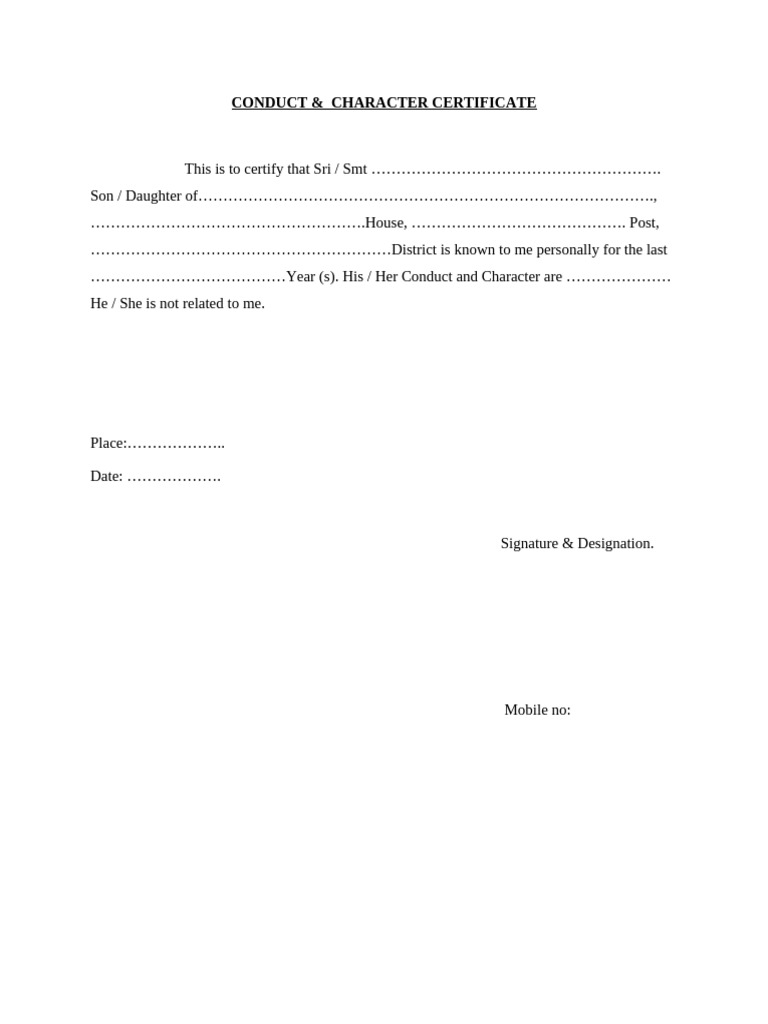 CONDUCT & Character Certificate | PDF