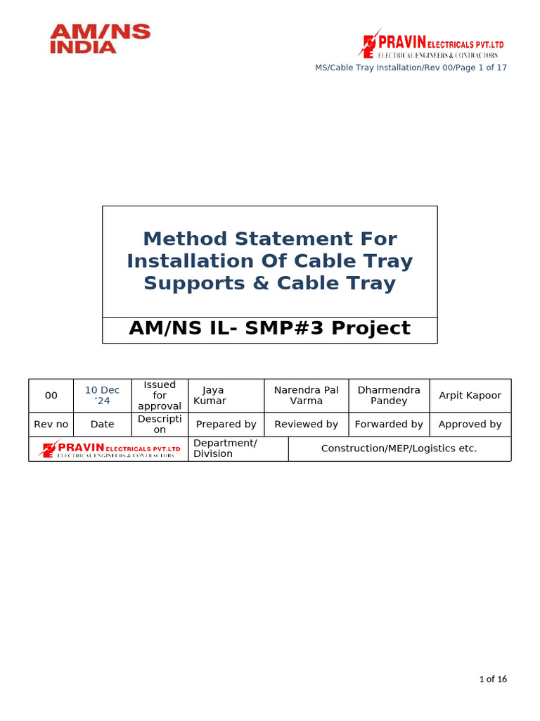 Method Statement For CABLE TRAY | PDF | Galvanization | Corrosion