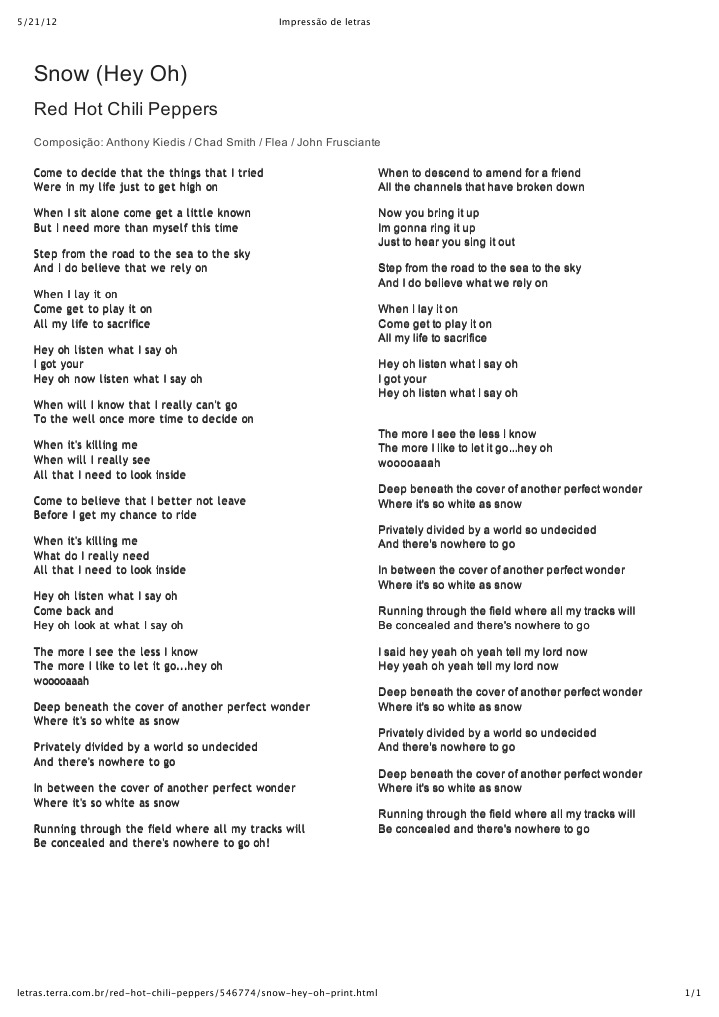 Red Hot Chili Peppers Snow Lyrics | PDF | Art | Poetry