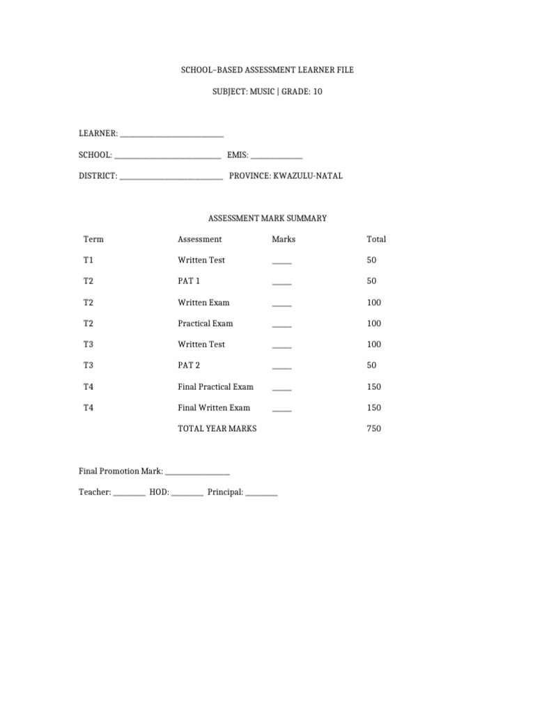 Grade 10 Music SBA Cover Page Compact | PDF