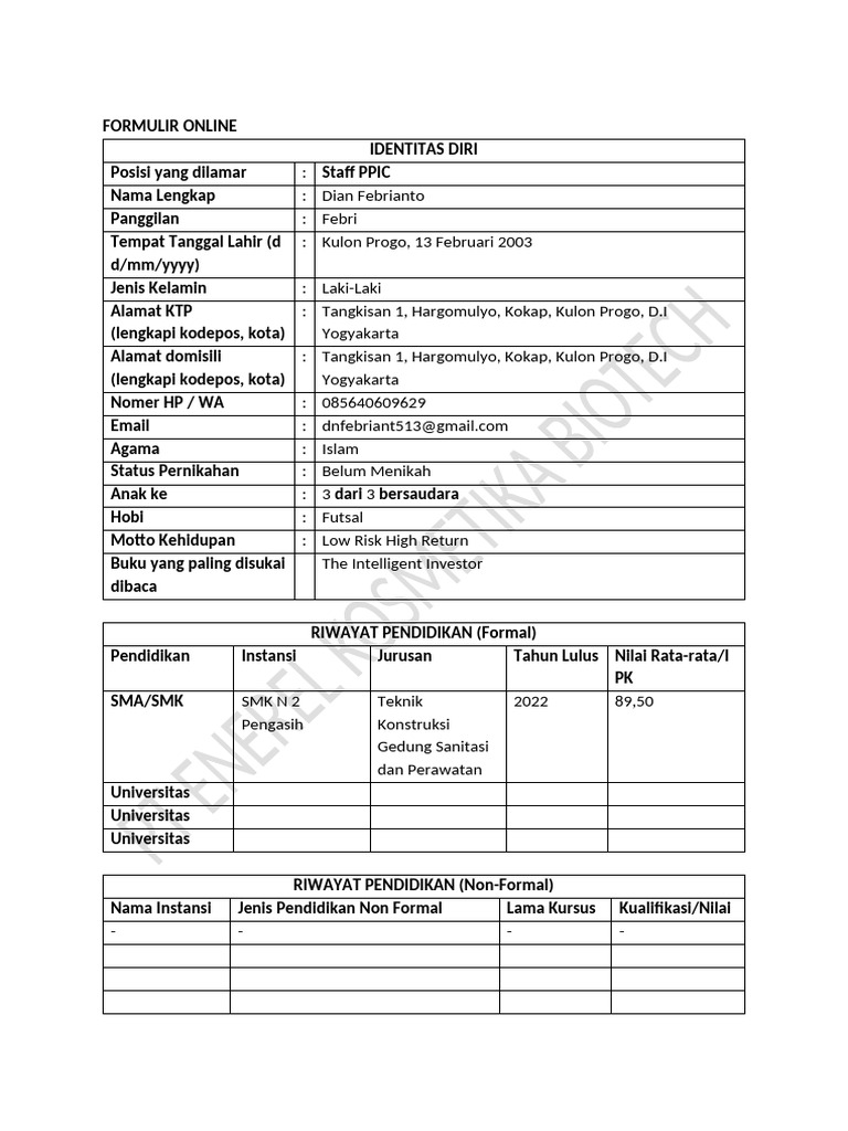 02 Formulir Kandidat - Dian Febrianto - Staff Ppic | PDF
