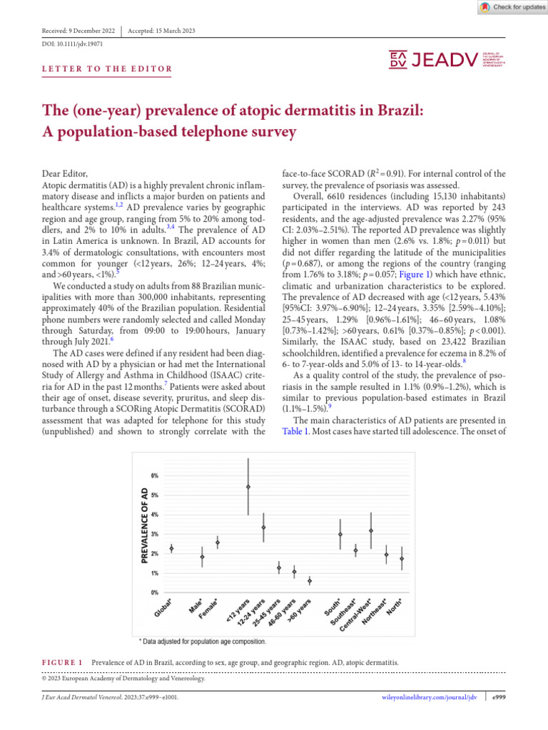 Acad Dermatol Venereol - 2023 - Miot - The One‐Year Prevalence of ...