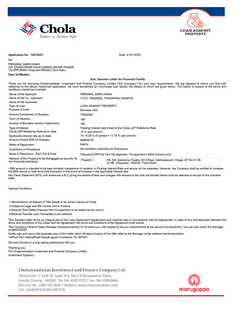 Chola Sanction Letter 7.5 | PDF | Loans | Interest