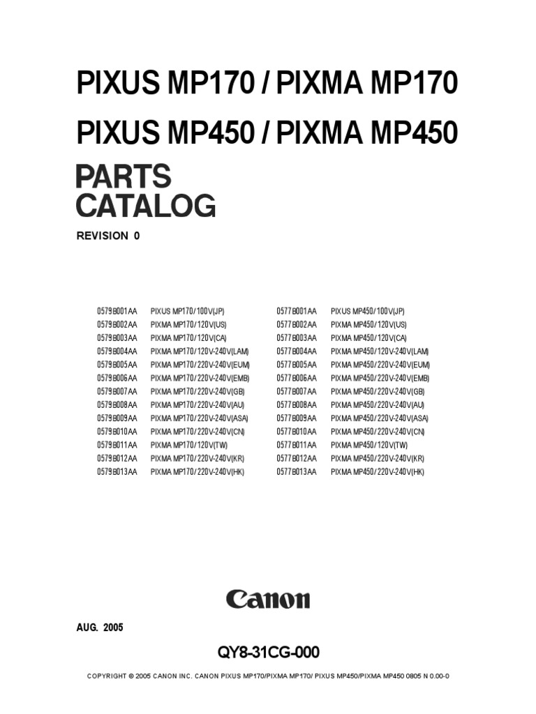 Canon PIXMA MP170 MP450 Parts Catalog | PDF | Copyright | Screw