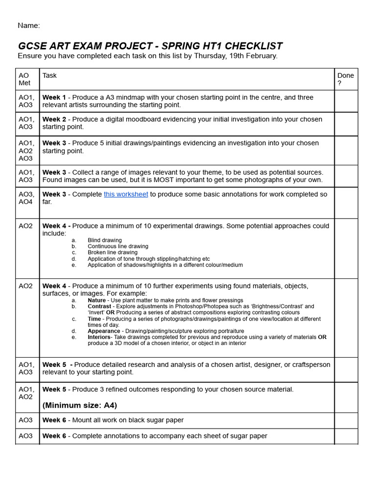 Gcse Art Exam Project - Spring Ht1 Checklist | PDF | Drawing | Paintings