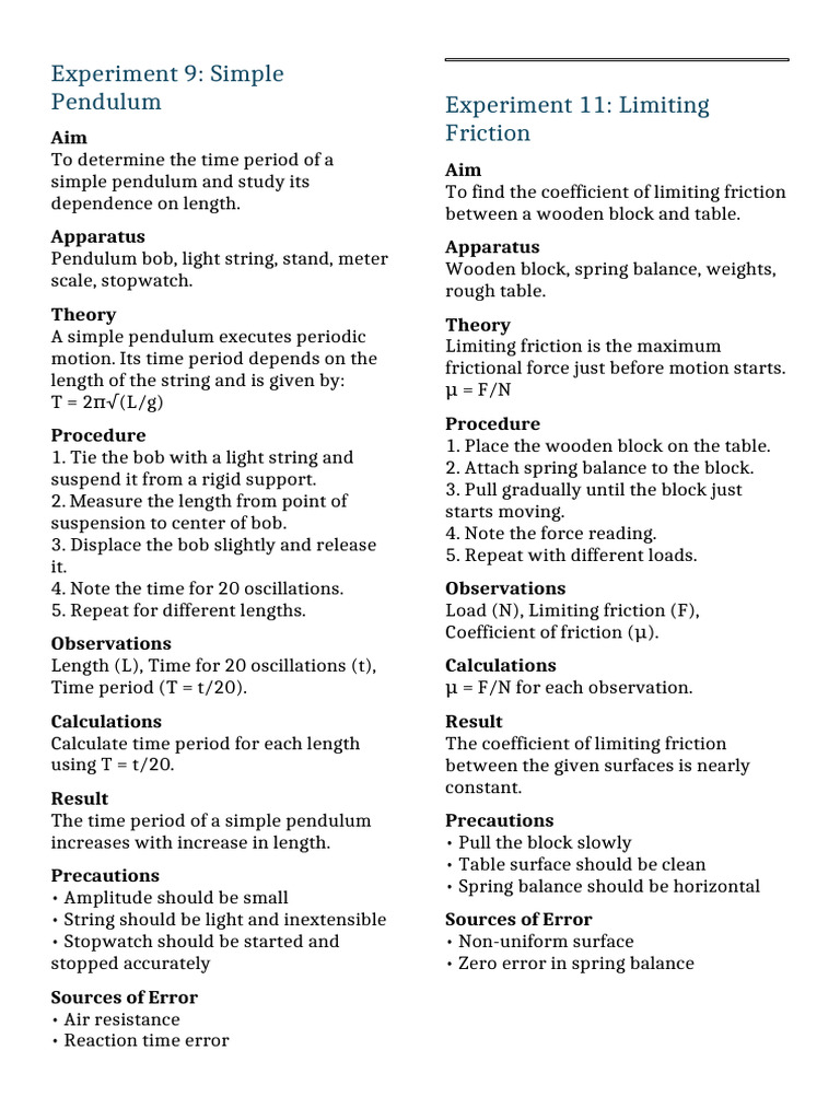 Physics Lab Record (Short Notes) | PDF | Pendulum | Friction