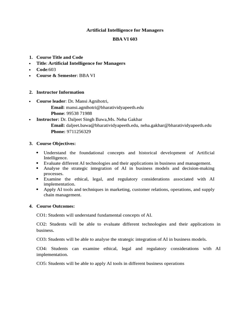 Lesson Plan - AI For Managers - Final Draft | PDF | Artificial ...