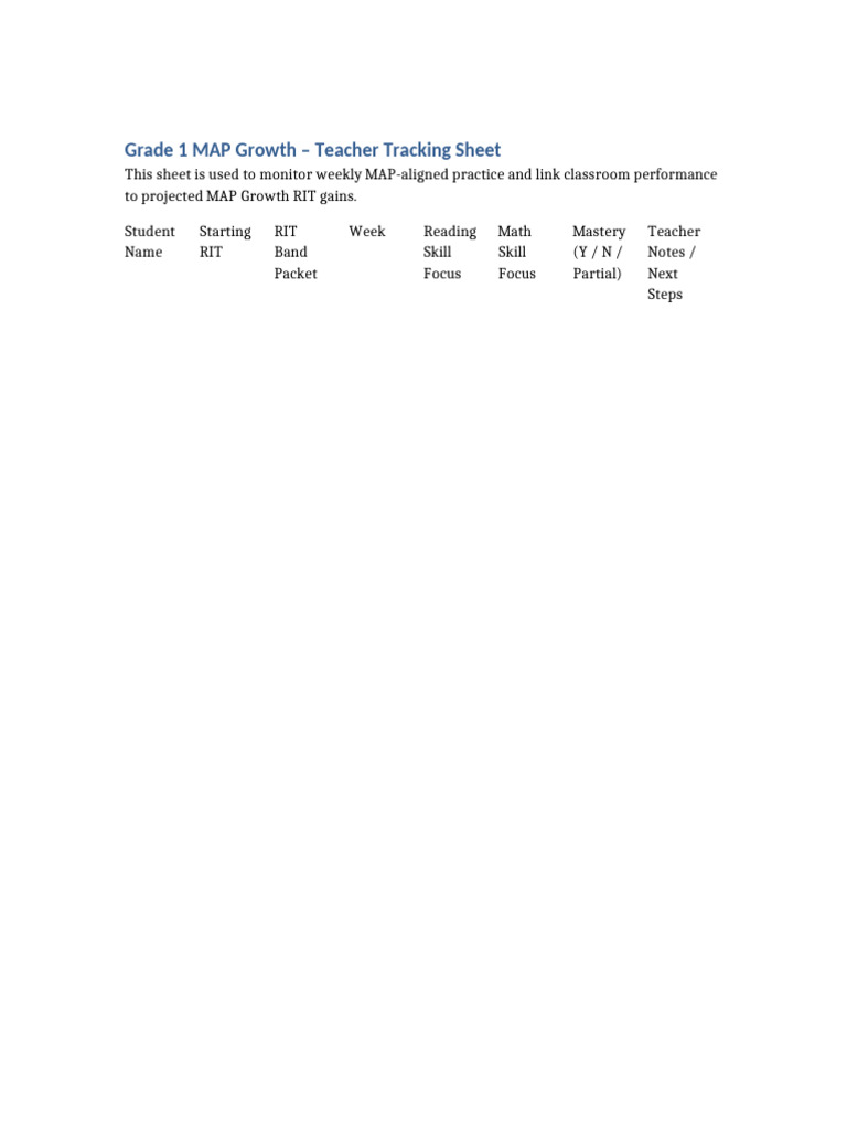 Grade 1 MAP Teacher Tracking Sheet | PDF