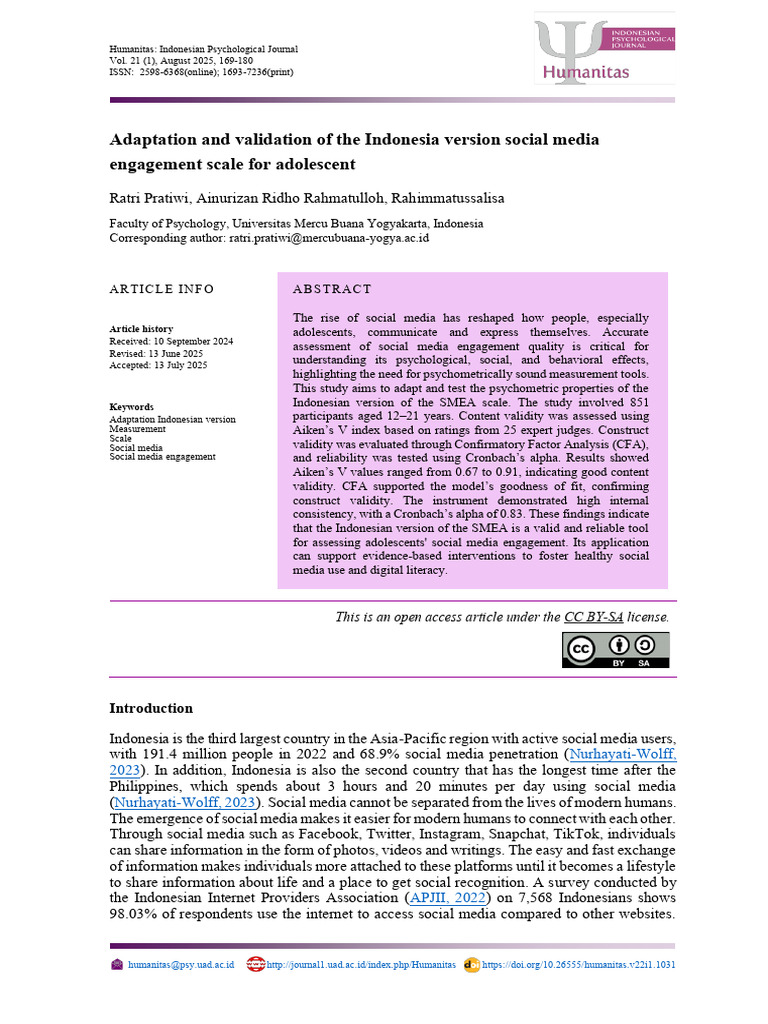 Adaptation and validation of the Indonesia version social media ...