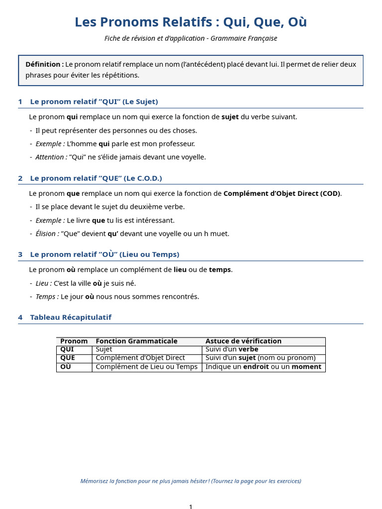 Les Pronoms Relatifs Qui Que Où | PDF | Sujet (Grammaire) | Pronom