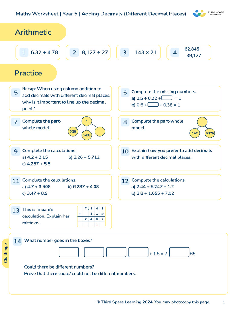 Adding Decimals Different Decimal Places Y5 | PDF | Mathematics ...
