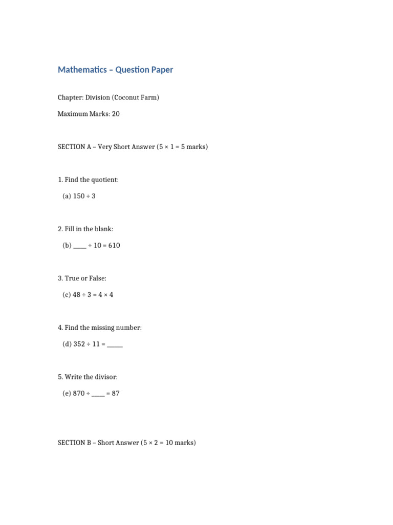 Division Question Paper 20 Marks | PDF