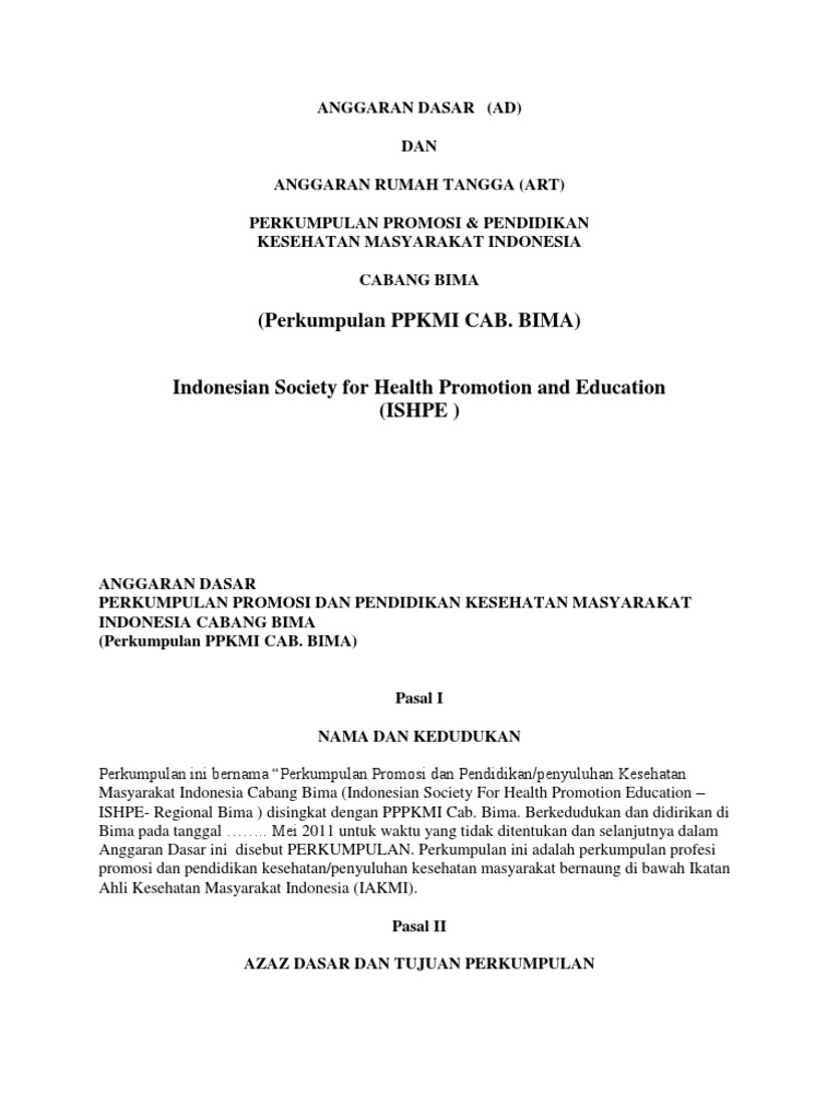 Anggaran Dasar PPKMI Bima | PDF