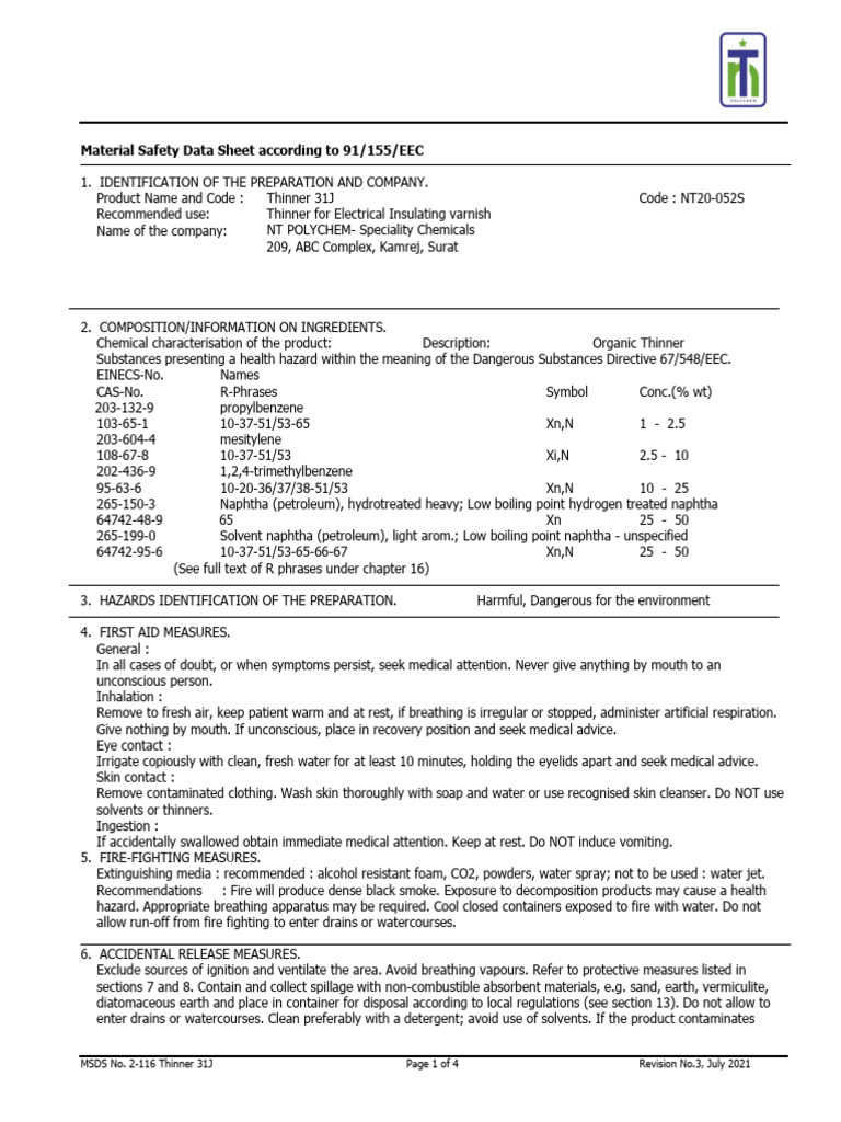 MSDS Thinner 31J | PDF | Dangerous Goods | Materials