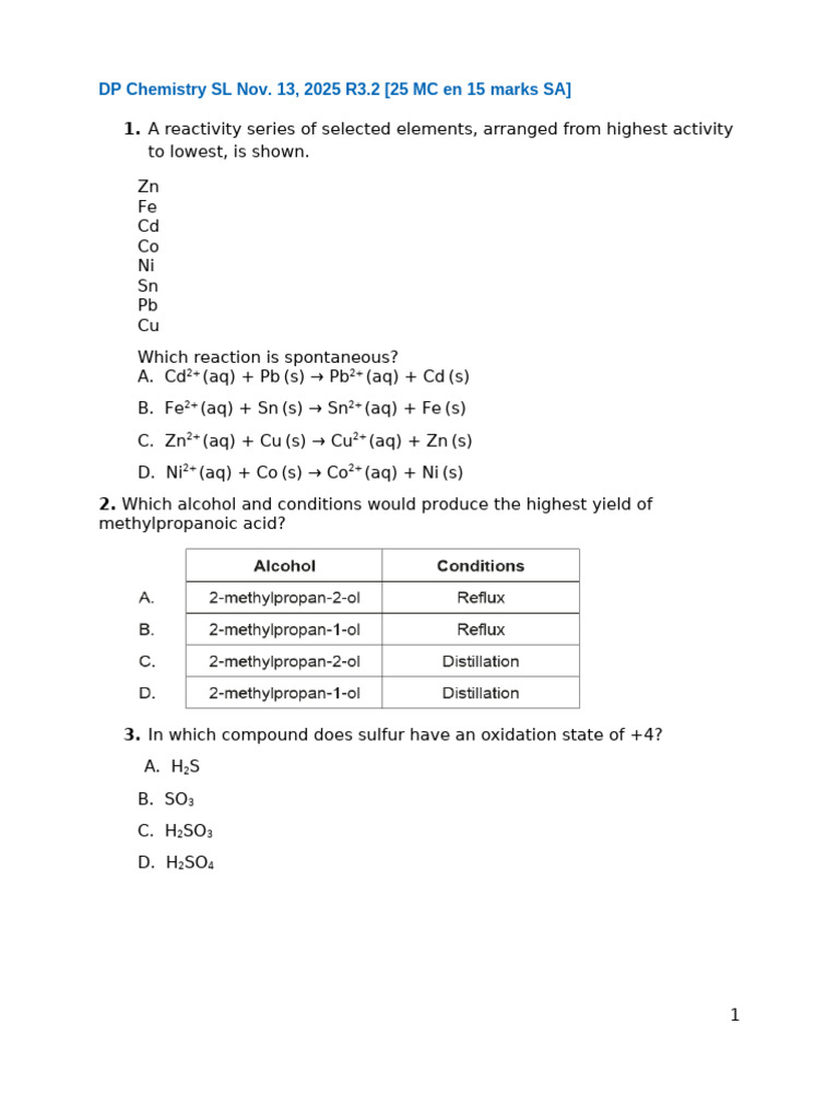 DP Chemistry SL Nov. 13 2025 R3.2 | PDF | Redox | Anode