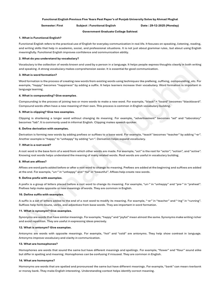 Functional English 5years Past Papers Solved AhmadMughal PDF | PDF ...