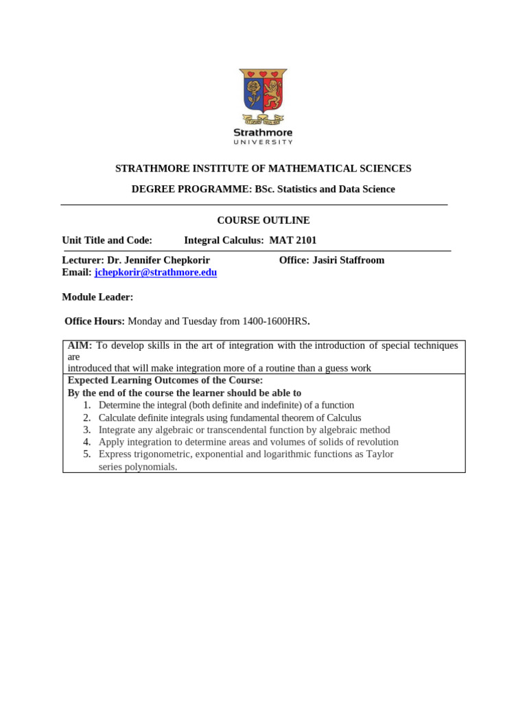 DR - Jennifer - Integral Calculus Course Outline-2024 | PDF | Integral ...