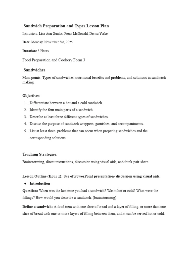 Lesson Plan On Sandwiches | PDF | Sandwich | Vegetables