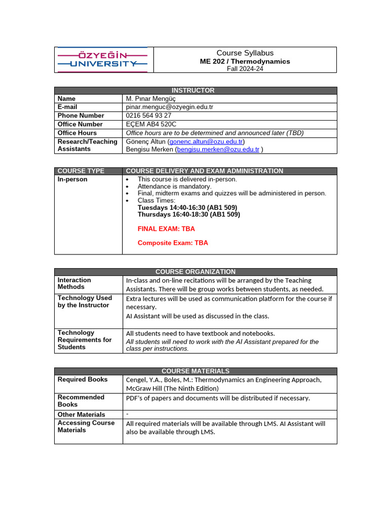 ME 202 Syllabus 2025 Fall NEW | PDF | Entropy | Second Law Of ...
