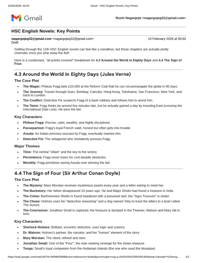 Gmail - HSC English Novels - Key Points | PDF | Around The World In ...