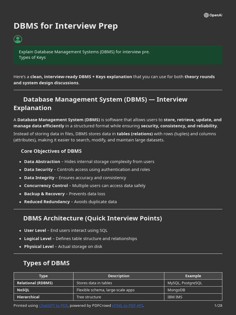 DBMS For Interview Prep | PDF | Database Index | Database Transaction