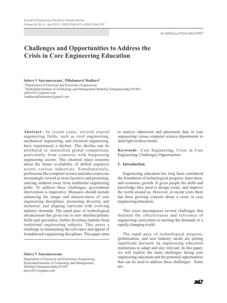 Challenges and Opportunities to Address the Crisis in Core Engineering ...
