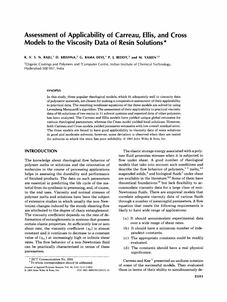 Assessment of Applicability of Rheology Models to Resin Solutions | PDF ...
