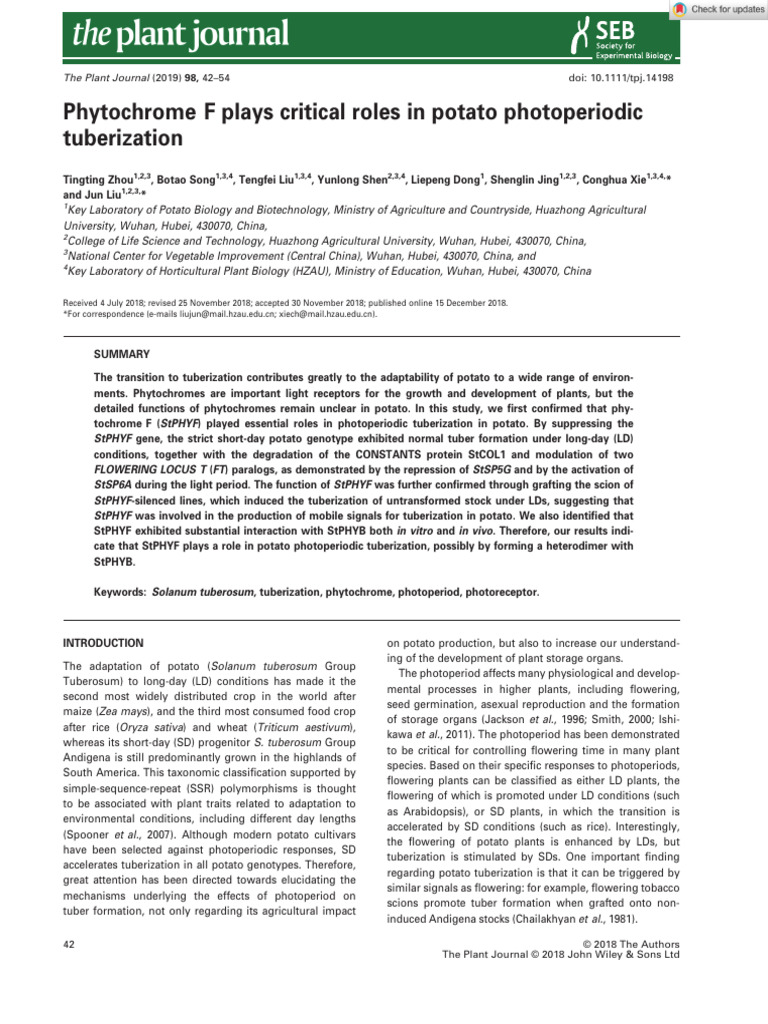 Zhou-2018 - Phytochrome F Plays Critical Roles in Potato Photoperiodic ...