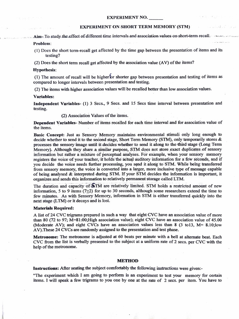 Experiment on Short Term Memory (STM)-1 | PDF | Memory | Recall (Memory)