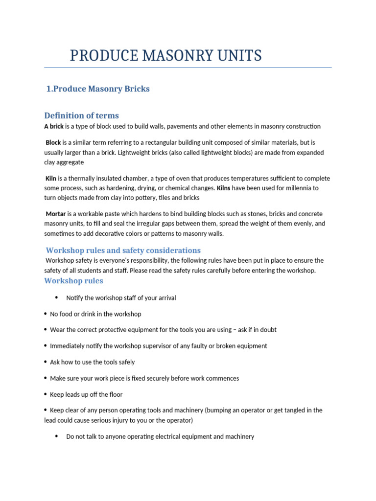 Produce Masonry Units Notes | PDF | Concrete | Brick