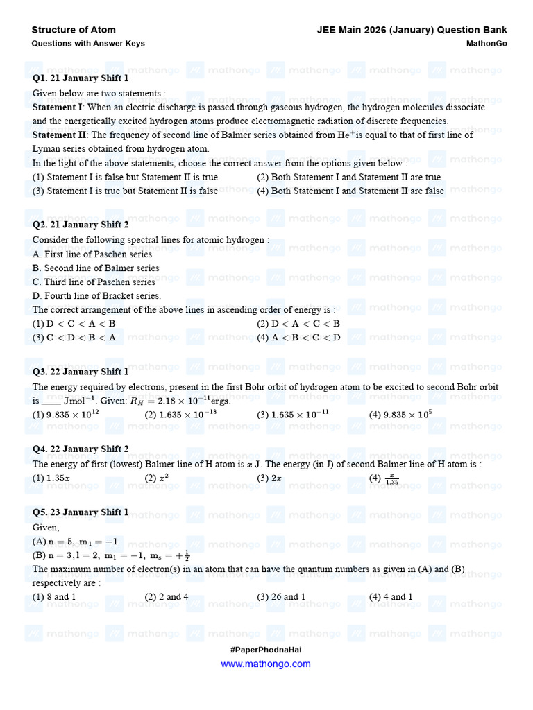 Structure of Atom - JEE Main 2026 (Jan) - MathonGo | PDF | Atoms ...