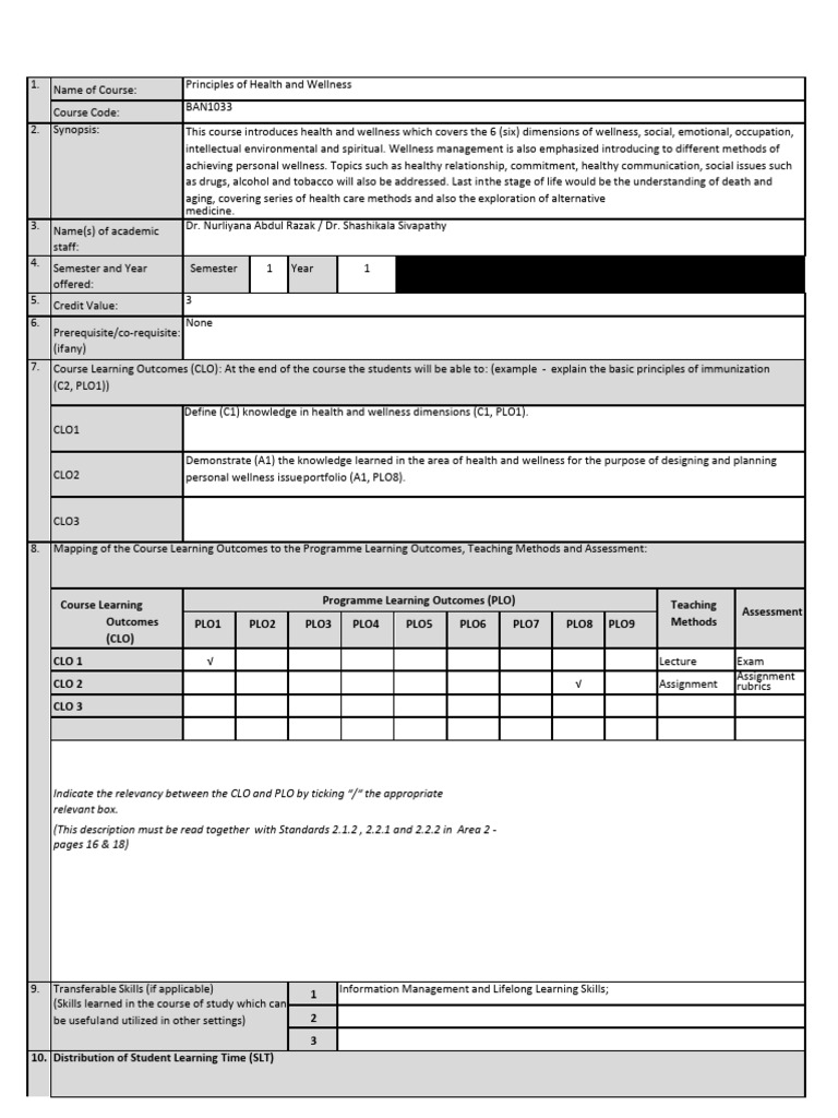 Course Outline - Principles of Health and Wellness | PDF
