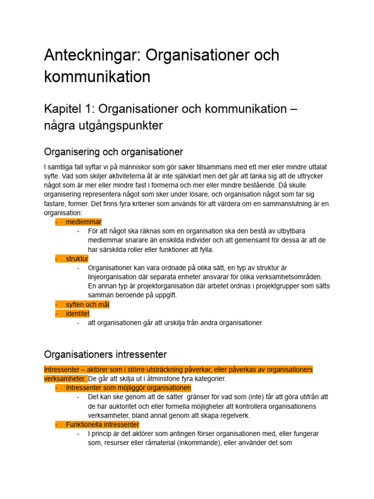 Anteckningar - Organisationer Och Kommunikation | PDF