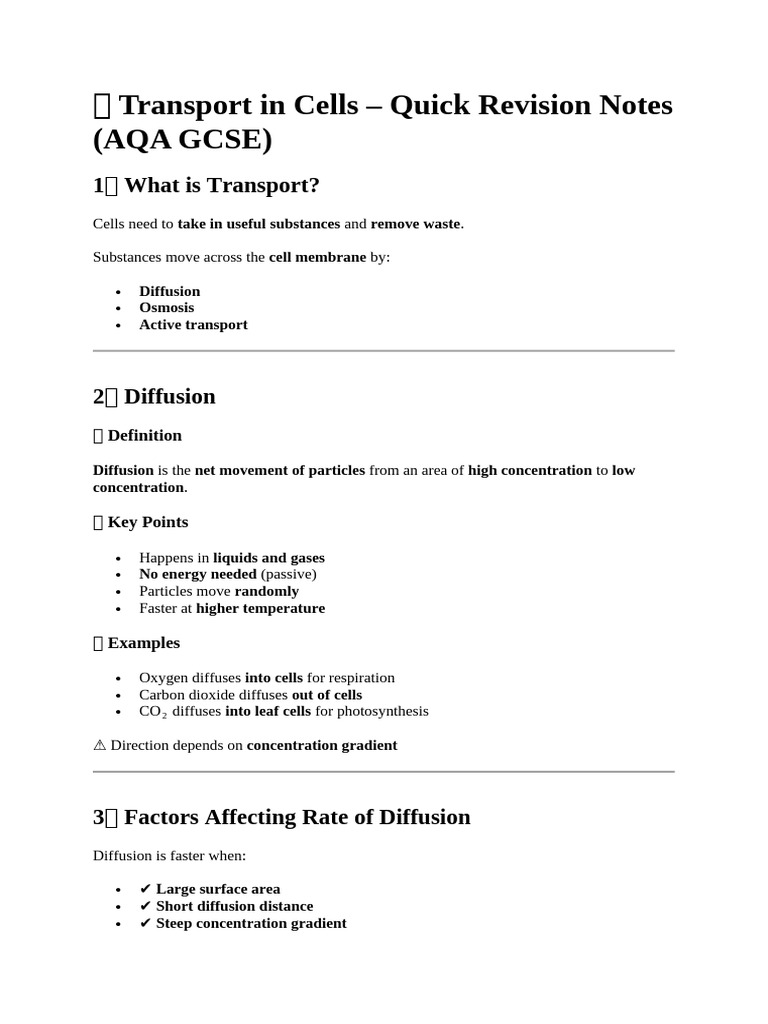 ? Transport in Cells Revision Notes | PDF | Diffusion | Osmosis