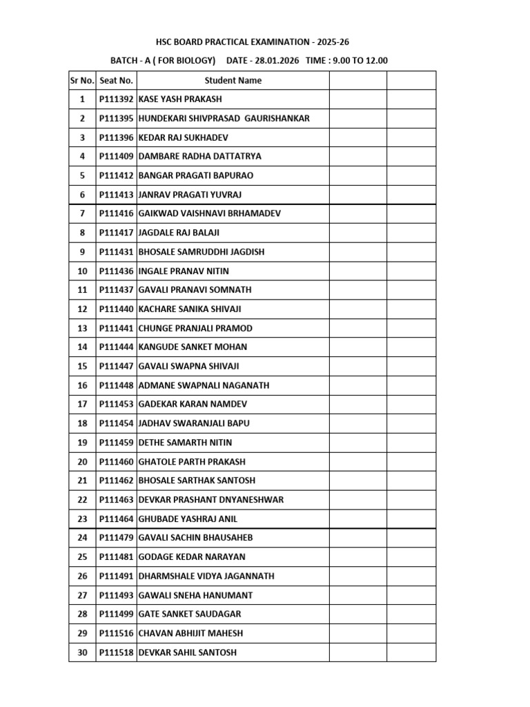 Board Bio Practical Batches - 2026 | PDF