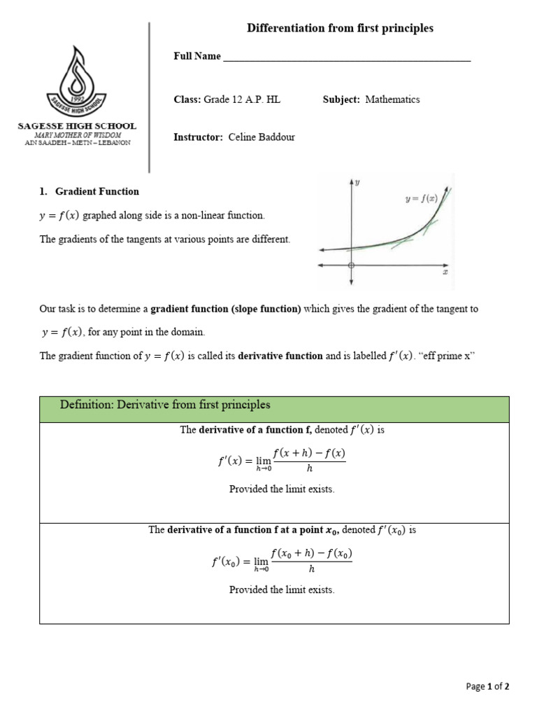 Differentiation From First Principles: Full Name | PDF