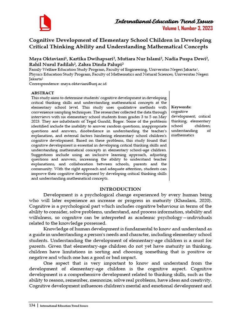 Cognitive Development of Elementary School Childre | PDF | Cognition ...